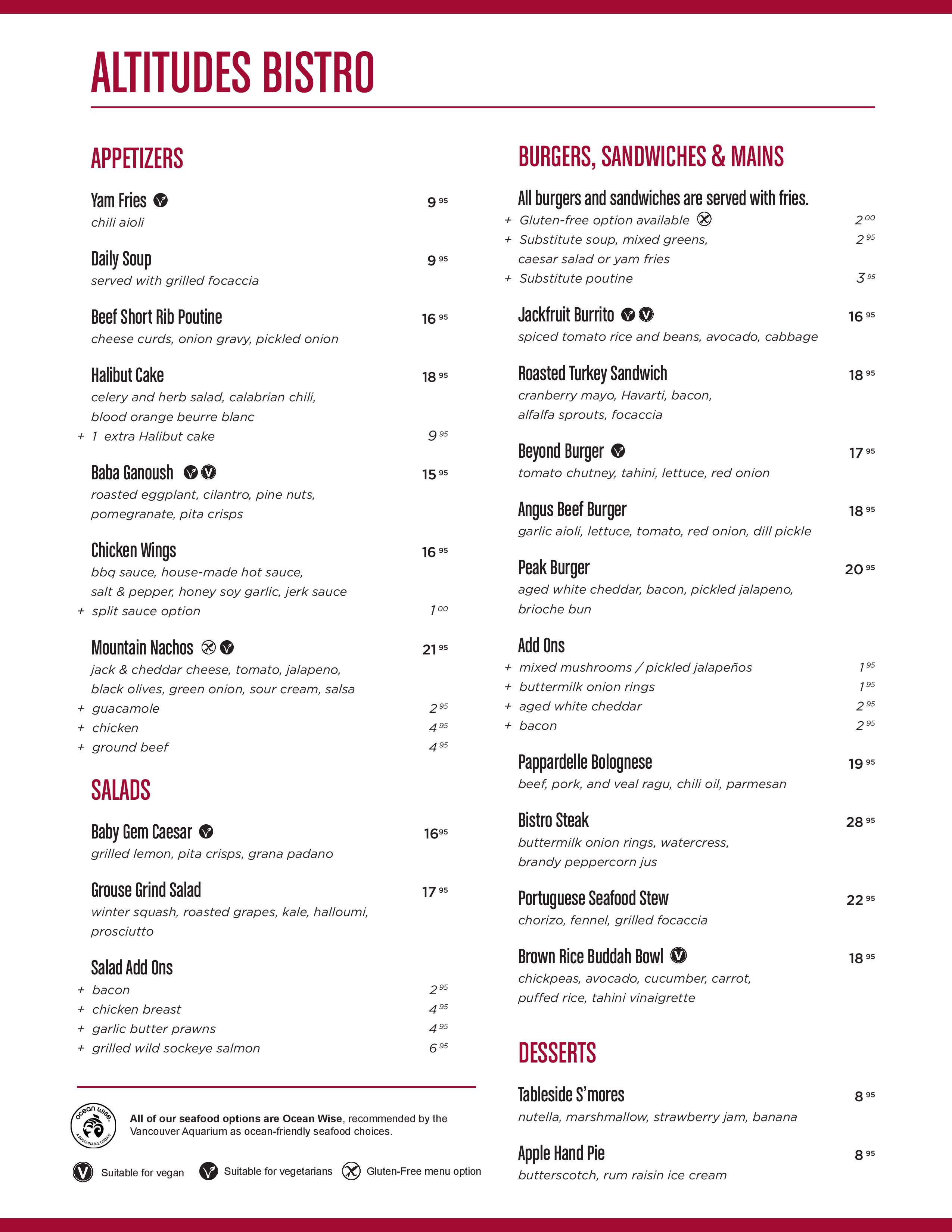 Altitudes Bistro - Menu | Grouse Mountain - The Peak of Vancouver